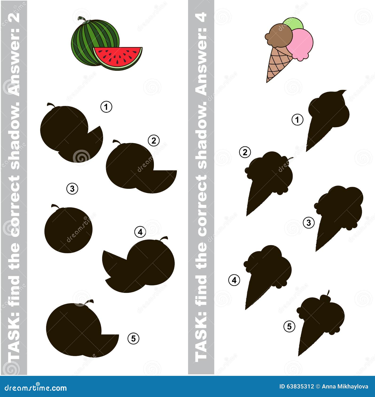 Ice-cream and Watermelon. Find True Correct Shadow. Stock Vector ...
