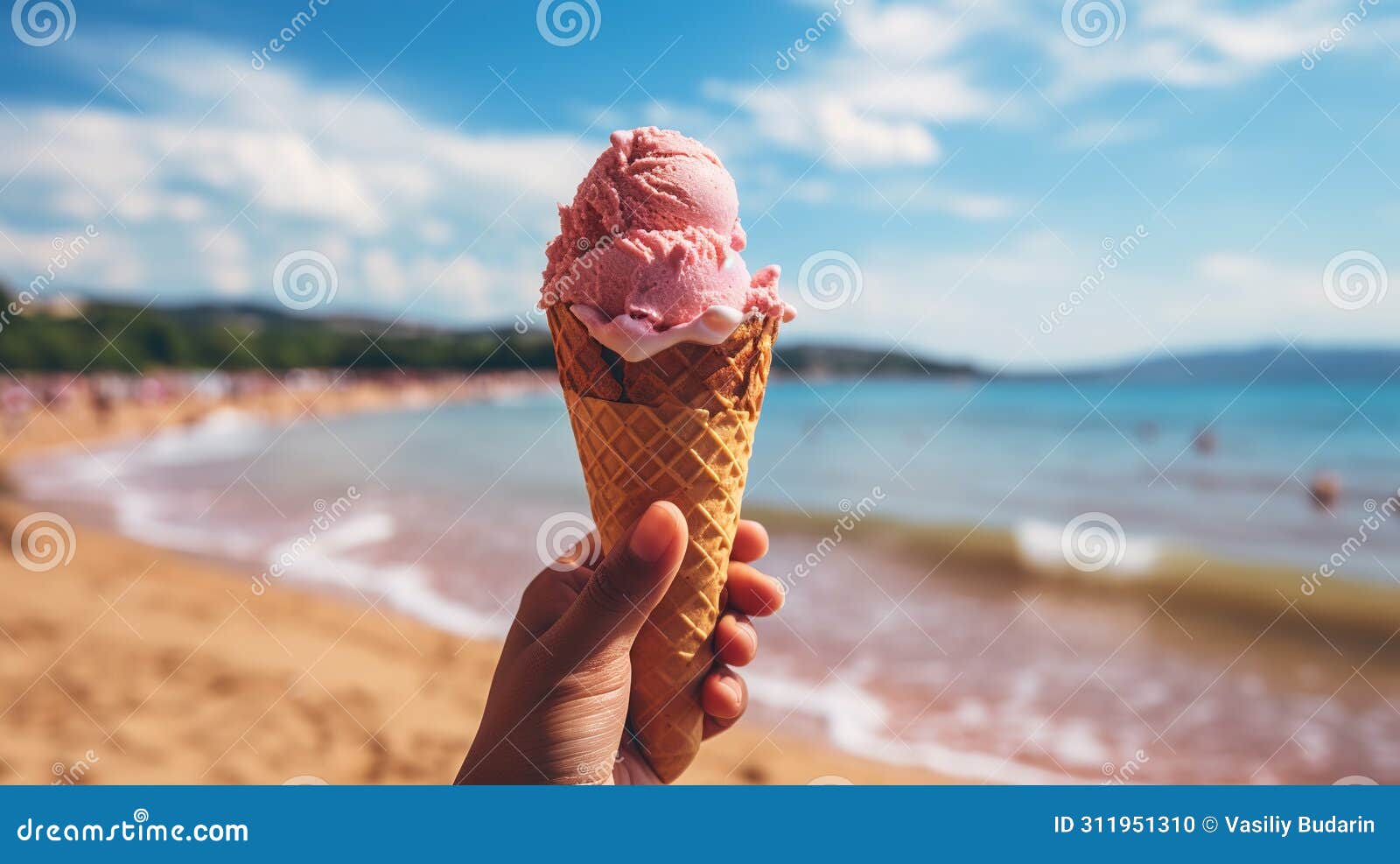 Ice Creams on Beach and Shells with Ocean Landscape Stock Photo - Image ...