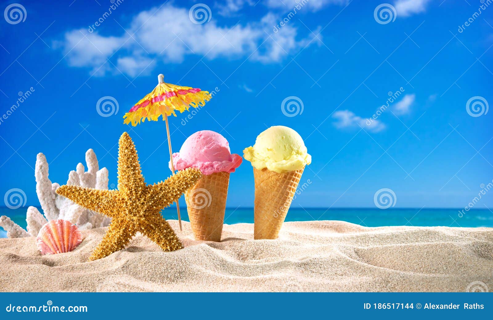 Ice Creams Cones and Seashells in the Sand on the Beach Stock Photo ...