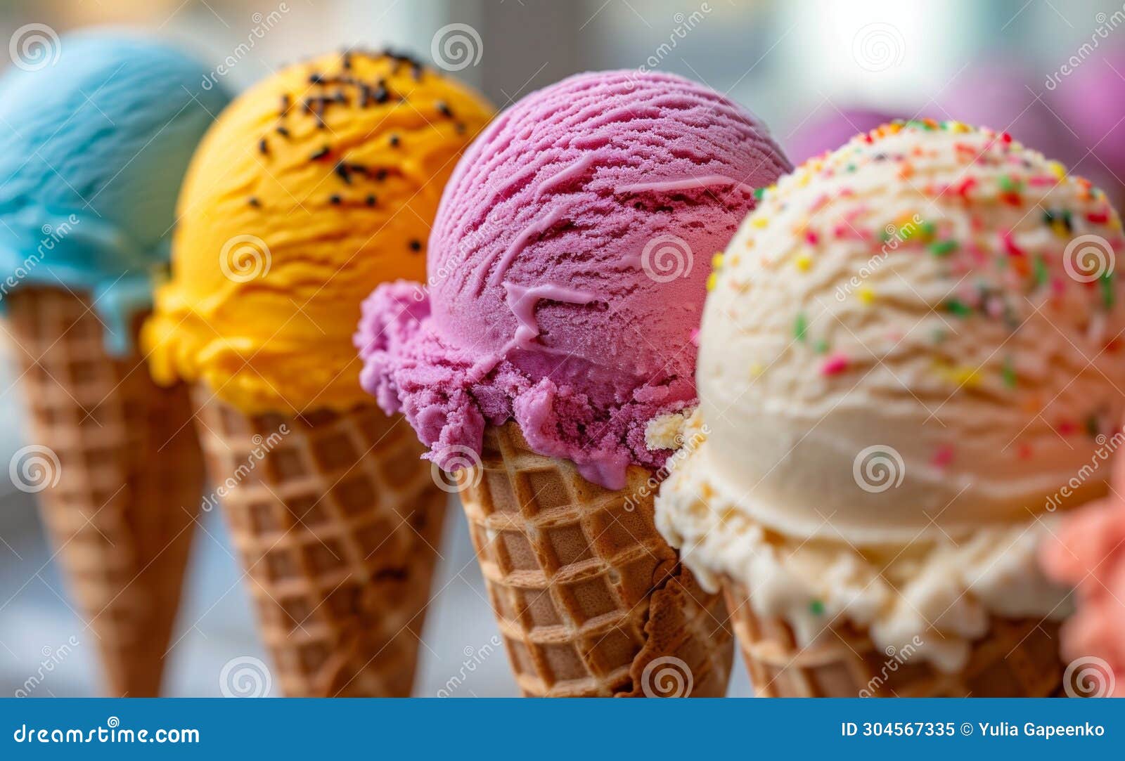 Ice Creams with Several Different Flavors of Ice Cream in Cones Stock ...