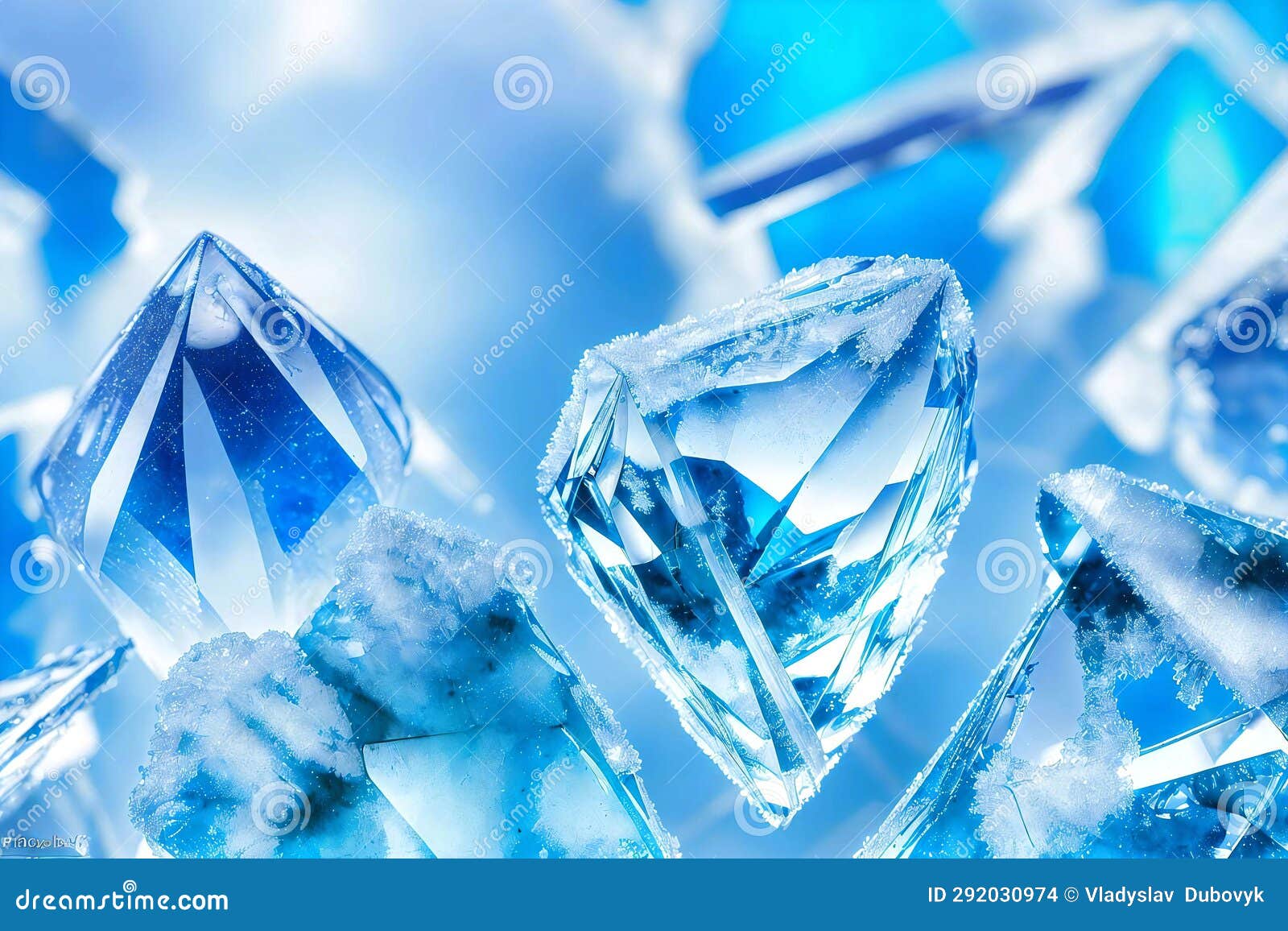 Ice Crystal on Blue Bokeh Background, Close-up. Stock Illustration ...