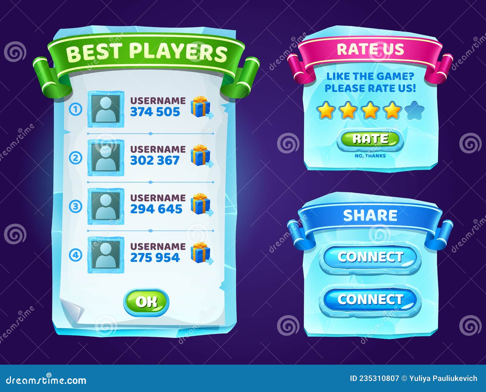 Ice Crystals Game Menu Gamer Ui Panel with Buttons Stock Vector ...