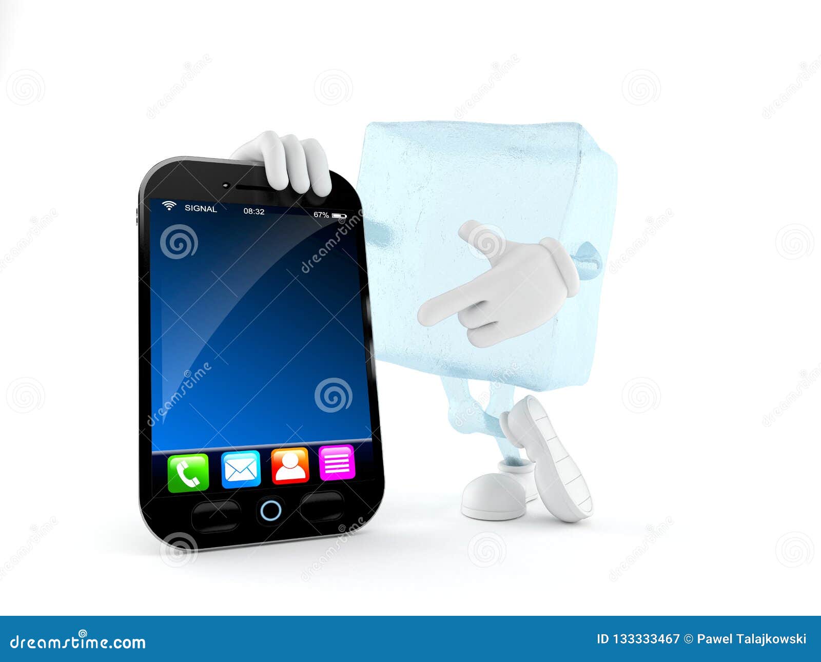 Ice Cube Character with Smartphone Stock Illustration - Illustration of ...