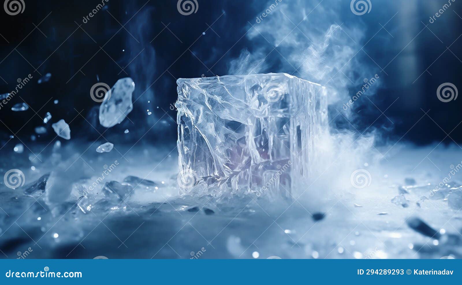 Ice Cube Explosion on Dark Blue Horizontal Background. Close-up ...