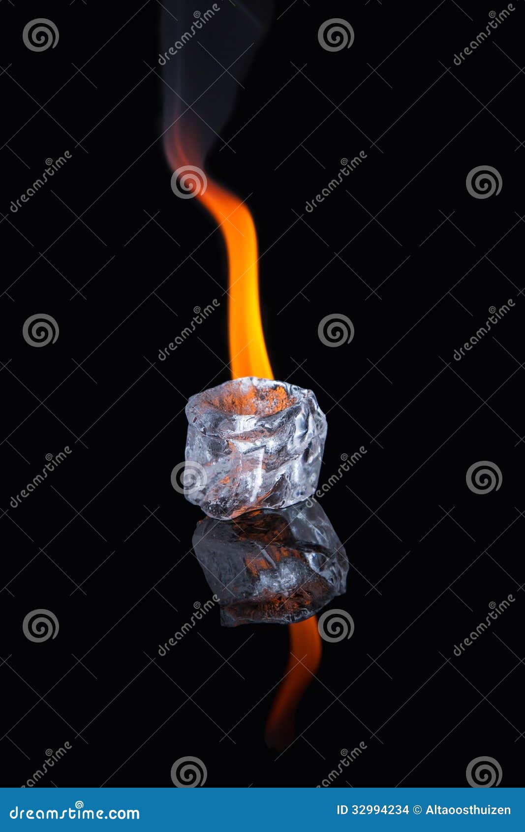 Ice Cube with Flame on Shiny Black Surface Stock Photo - Image of ...