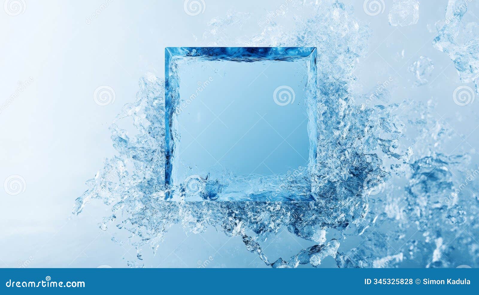 Ice Cube Frame Exploding with Water Splash on Light Blue Background ...