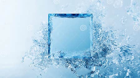 Ice Cube Frame Exploding with Water Splash on Light Blue Background ...