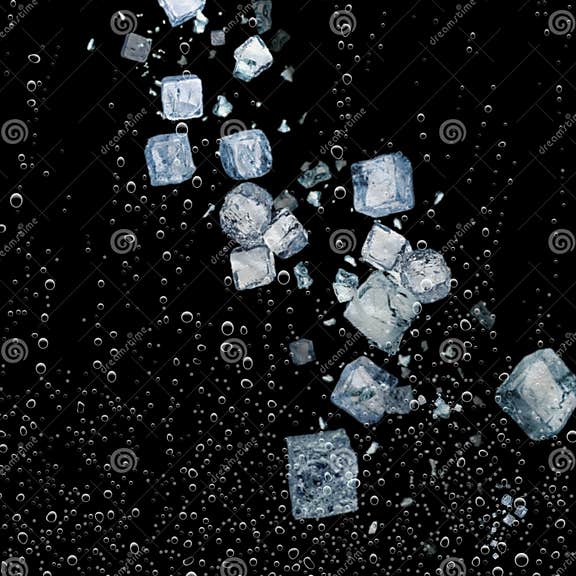 Ice Cube and Rain Water Drop Falling Isolated with Black Background ...