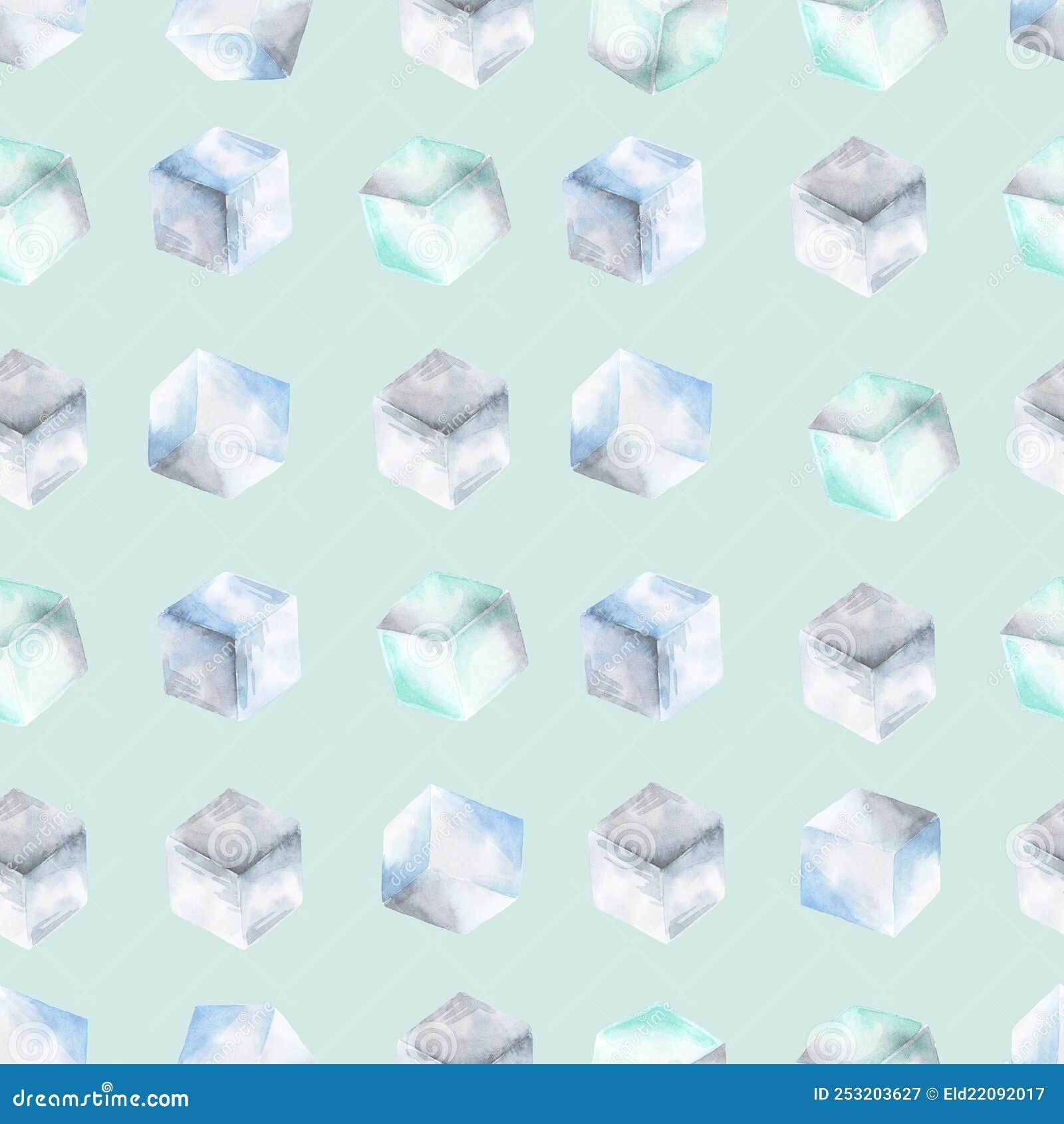 Ice Cube Seamless Pattern on Blue Background. Hand Drawn Watercolor ...