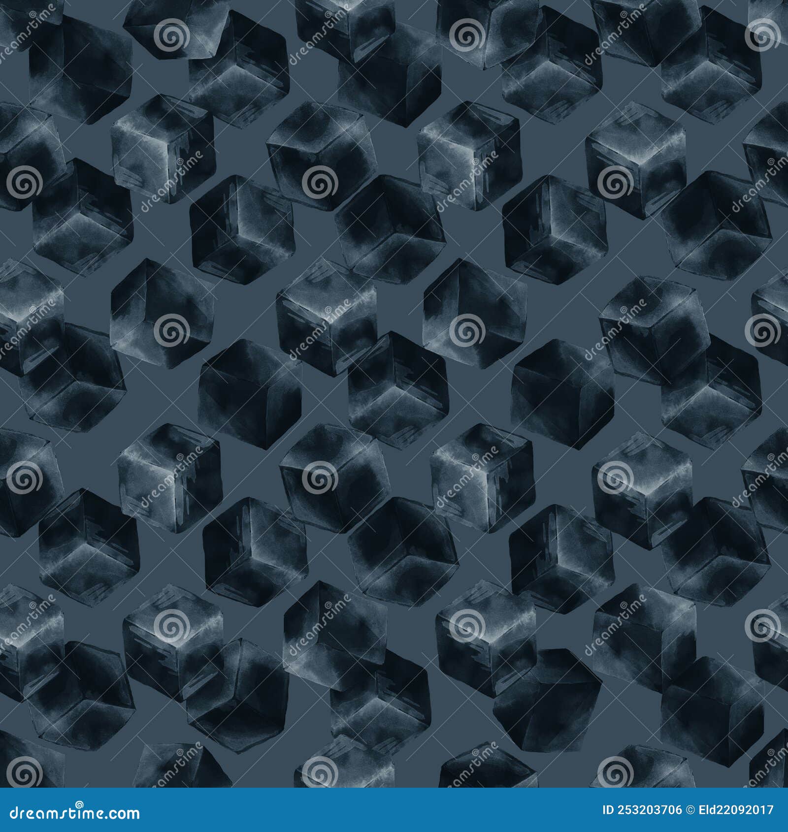 Ice Cube Seamless Pattern on Dark Background. Hand Drawn Watercolor ...