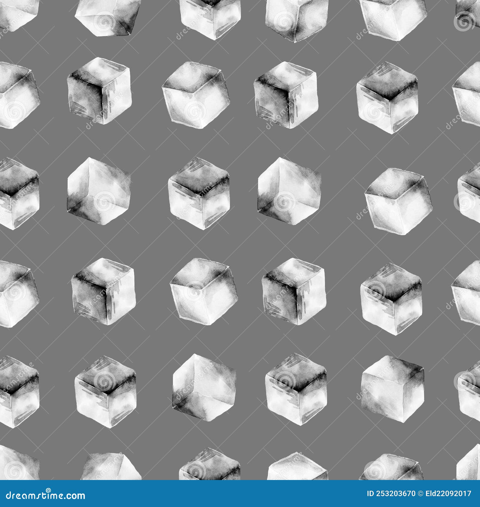 Ice Cube Seamless Pattern on Gray Background. Hand Drawn Watercolor ...