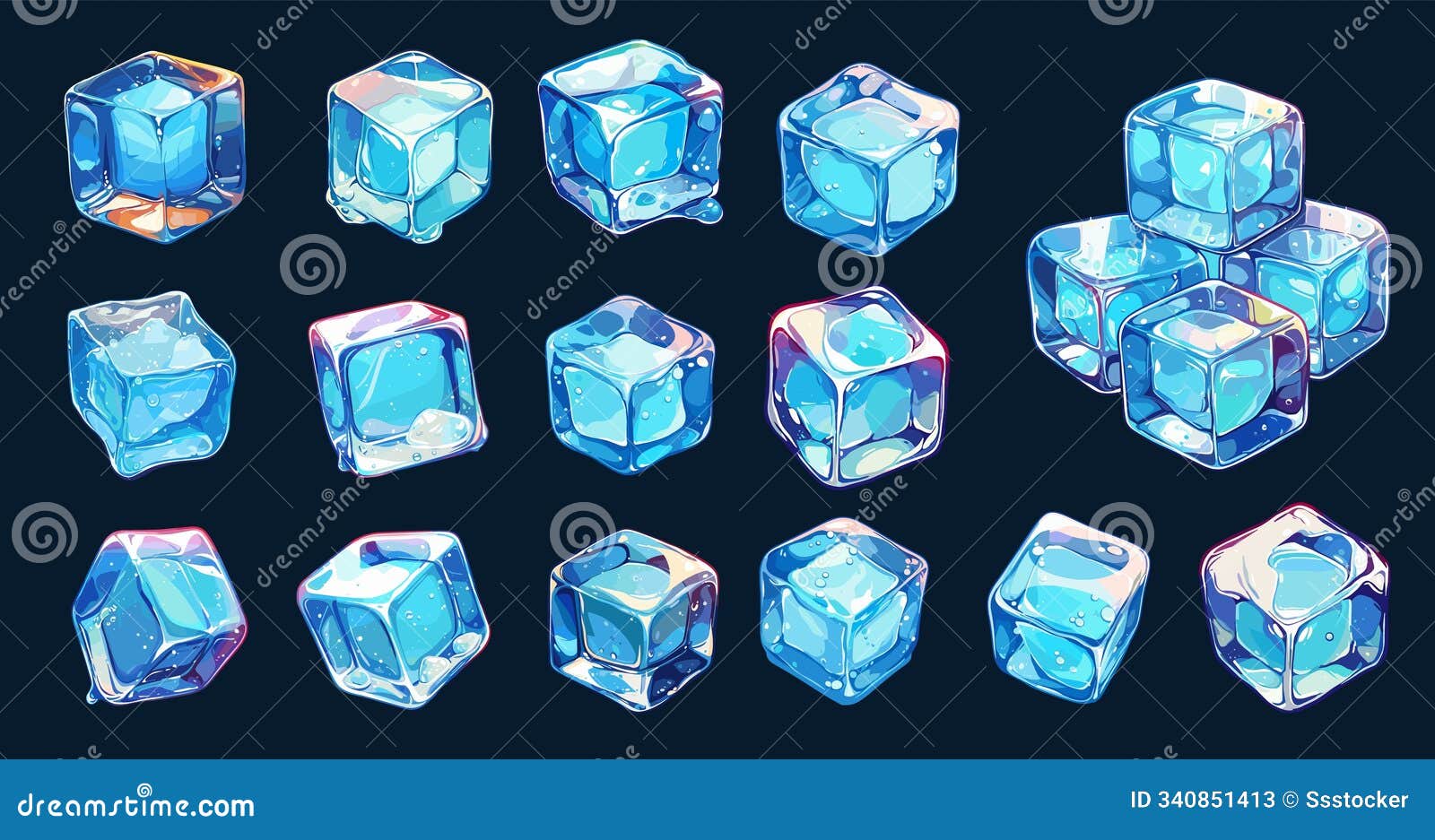 Ice Cubes. Freeze Water With Light Reflection And Splashes Vector ...