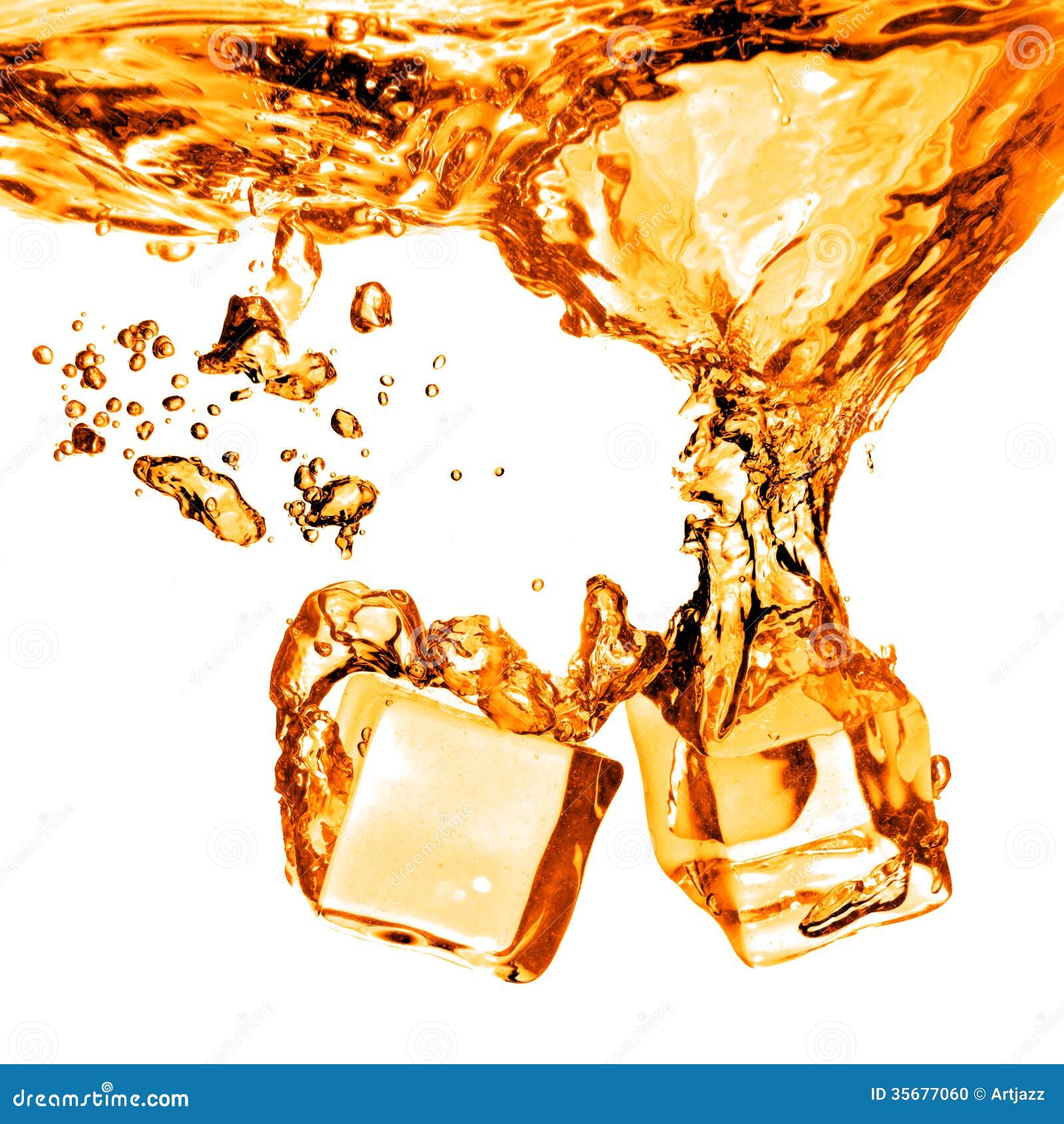 Ice Cubes Dropped into Orange Water with Splash Isolated on Whit Stock ...