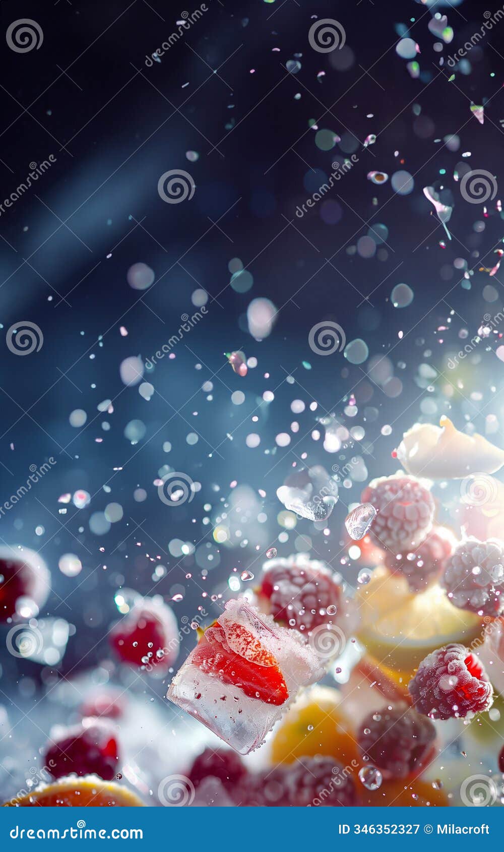Ice Cubes Exploding with Frozen Fruit Cocktail Stock Illustration ...
