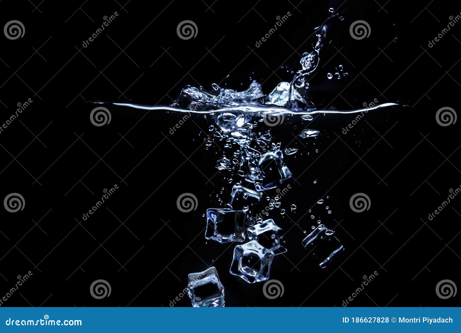 Ice Cubes Falling Into Water On Blue Background. Neural Network Ai ...
