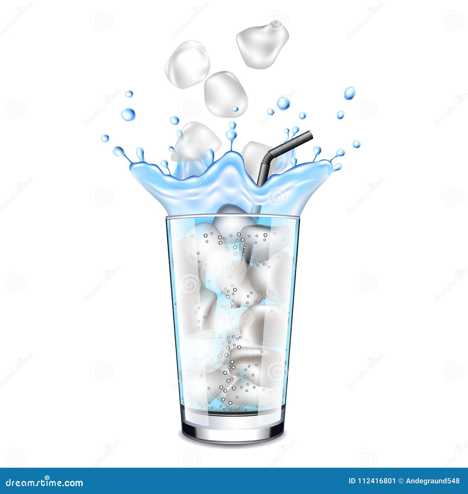 Ice Cubes Falling Into Glass Of Water 3d Vector Stock Vector