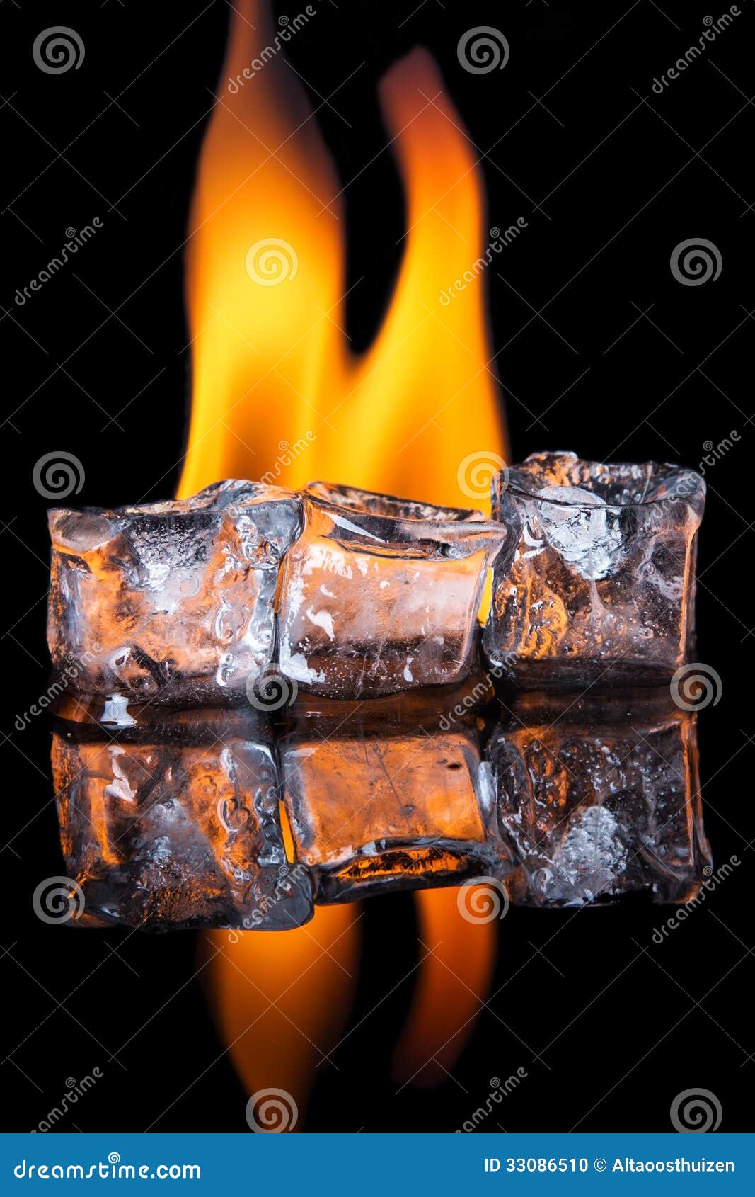 Ice Cubes with Flame on Shiny Black Surface Stock Photo - Image of ...