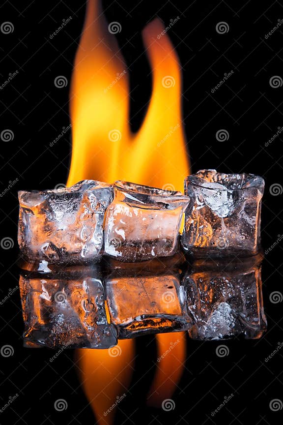 Ice Cubes with Flame on Shiny Black Surface Stock Photo - Image of ...