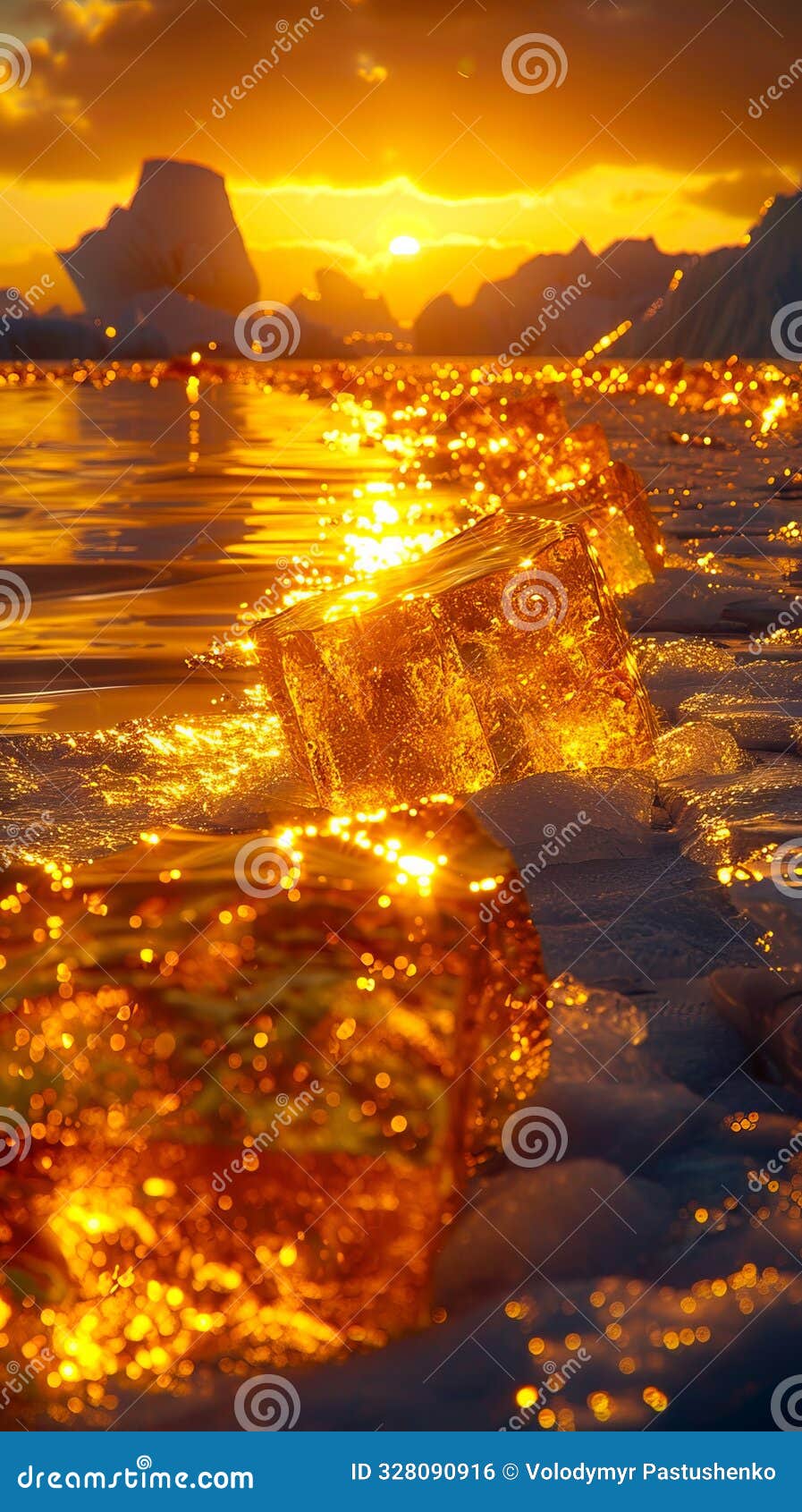 Ice Cubes Floating in the Ocean at Sunset Stock Photo - Image of stone ...