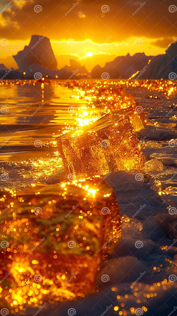 Ice Cubes Floating in the Ocean at Sunset Stock Photo - Image of stone ...