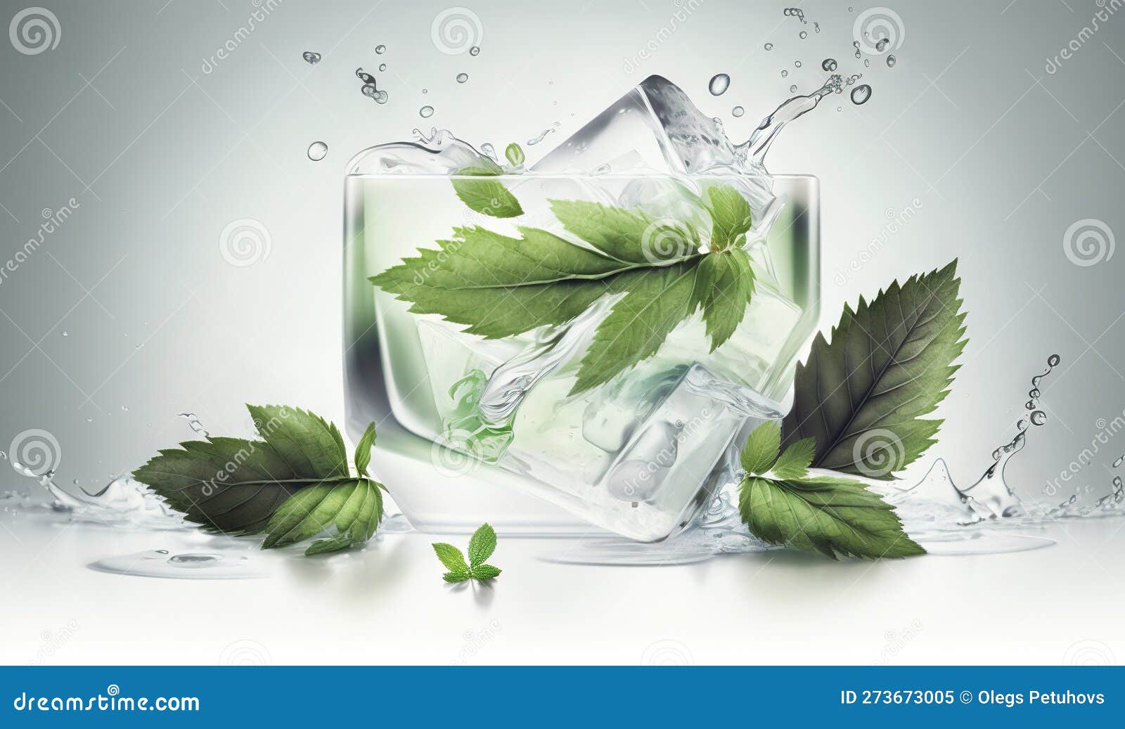Ice Cubes with Green Leaves and Ice Cubes on a White Background Stock ...