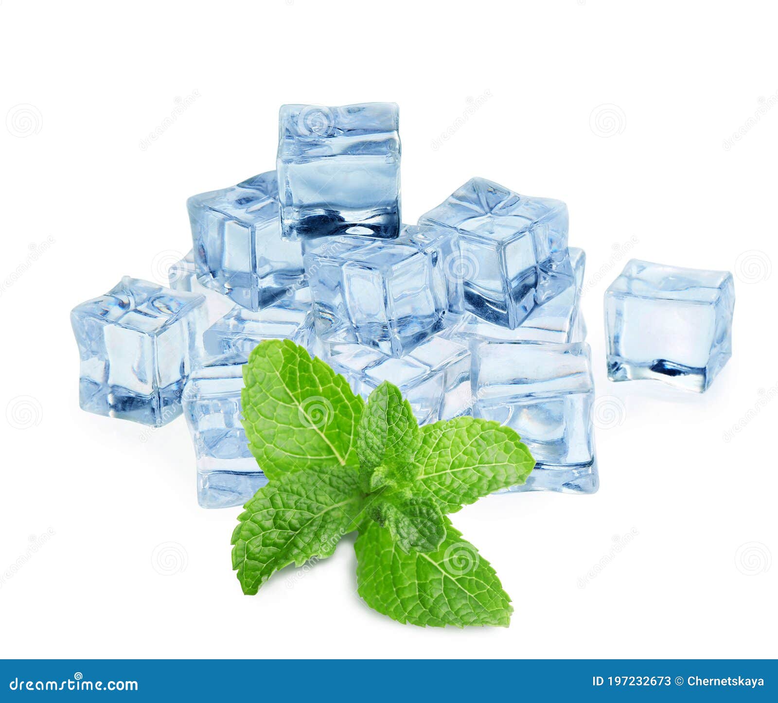 Ice Cubes and Green Mint Leaves on White Background Stock Image - Image ...