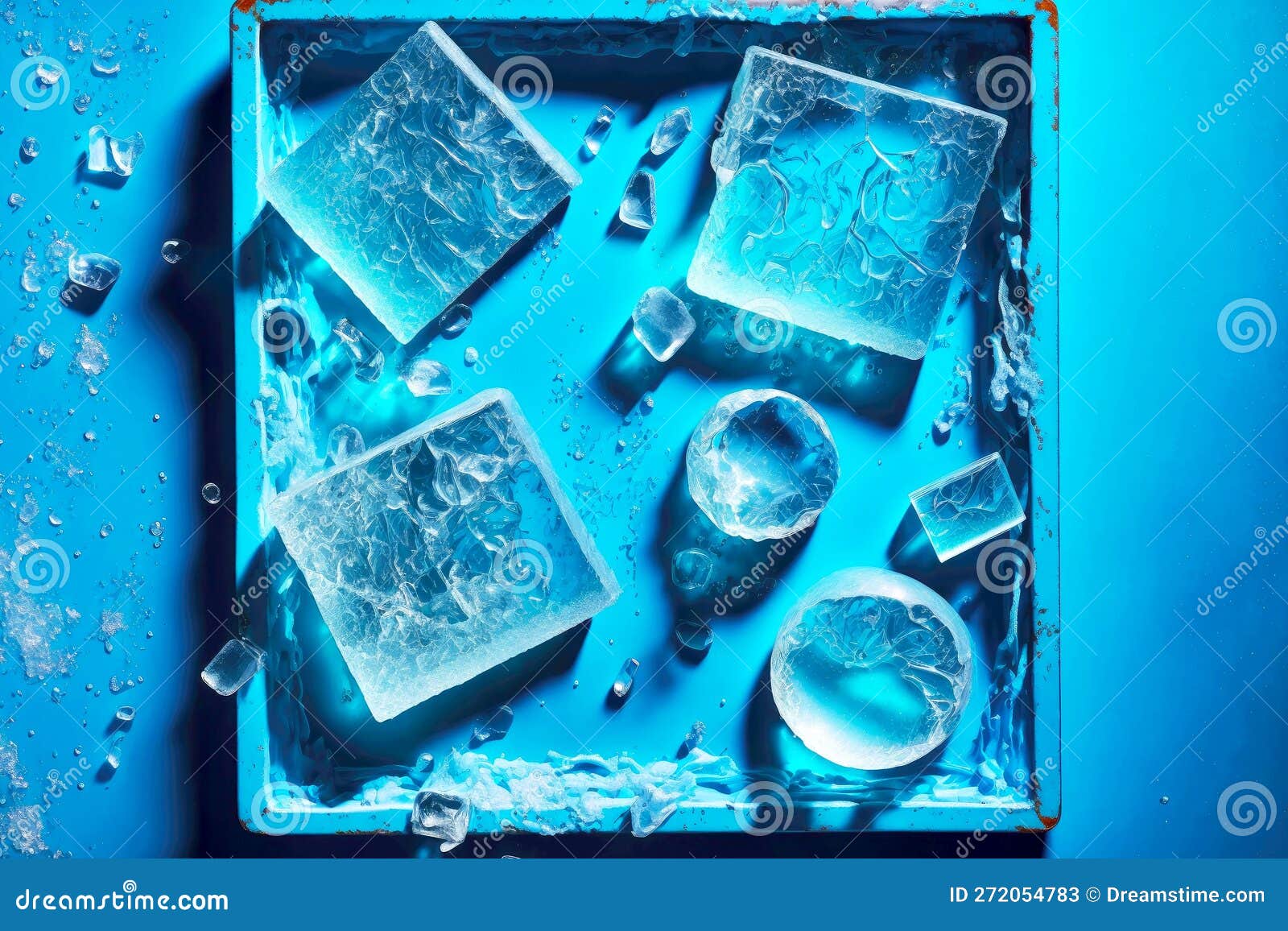 Ice Cubes Scattered on Blue Table with Cracks and Frost Stock Image ...