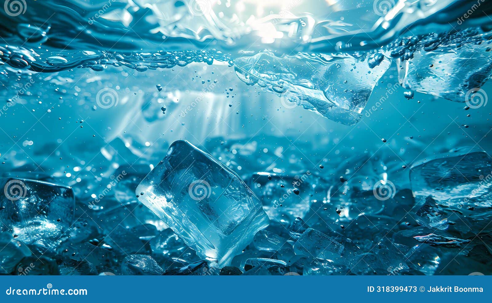 Ice Cubes in Water Close Up, Blue Background with Copy Space ...
