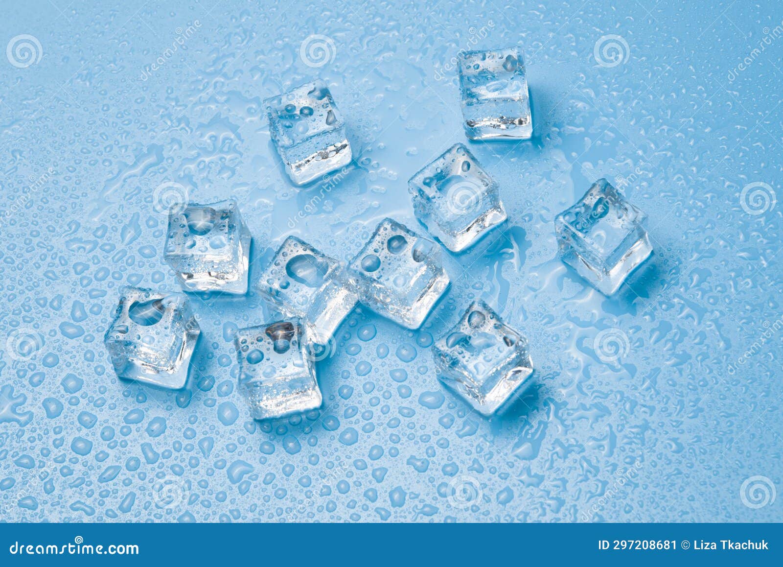 Ice Cubes with Water Drops Scattered on a Blue Background, Top View ...