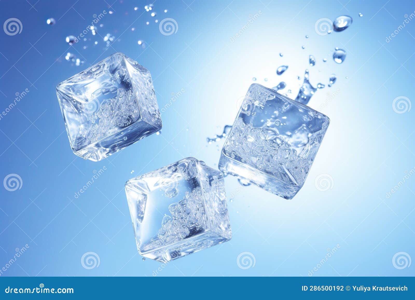 Ice Cubes with Water Splash on Blue Background, Closeup Stock ...