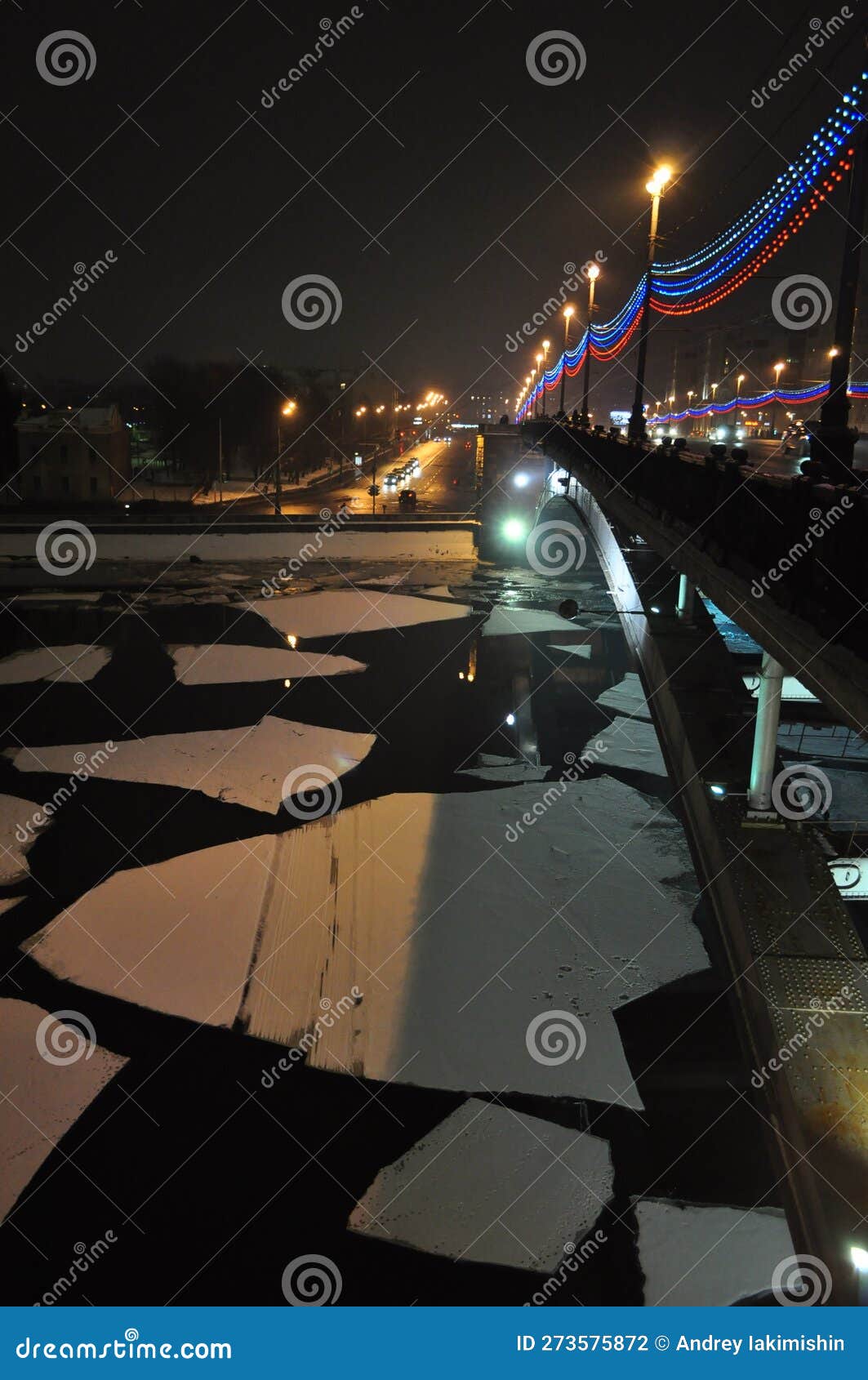Ice Drift and a Bridge with Garland Stock Photo - Image of light ...