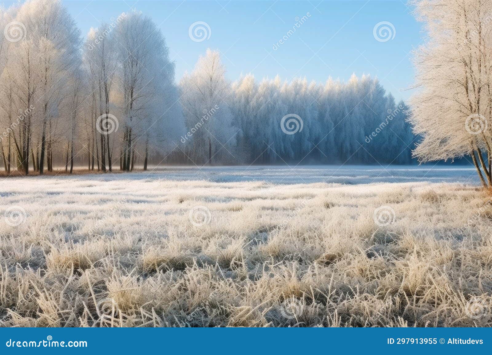 Ice-dusted Winter Meadow with Trees Stock Image - Image of weather ...