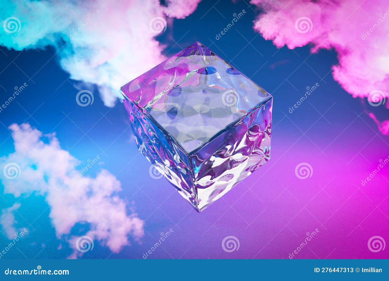 Ice Glas Cube Floating in the Air Over Infinite Colorfull Background ...