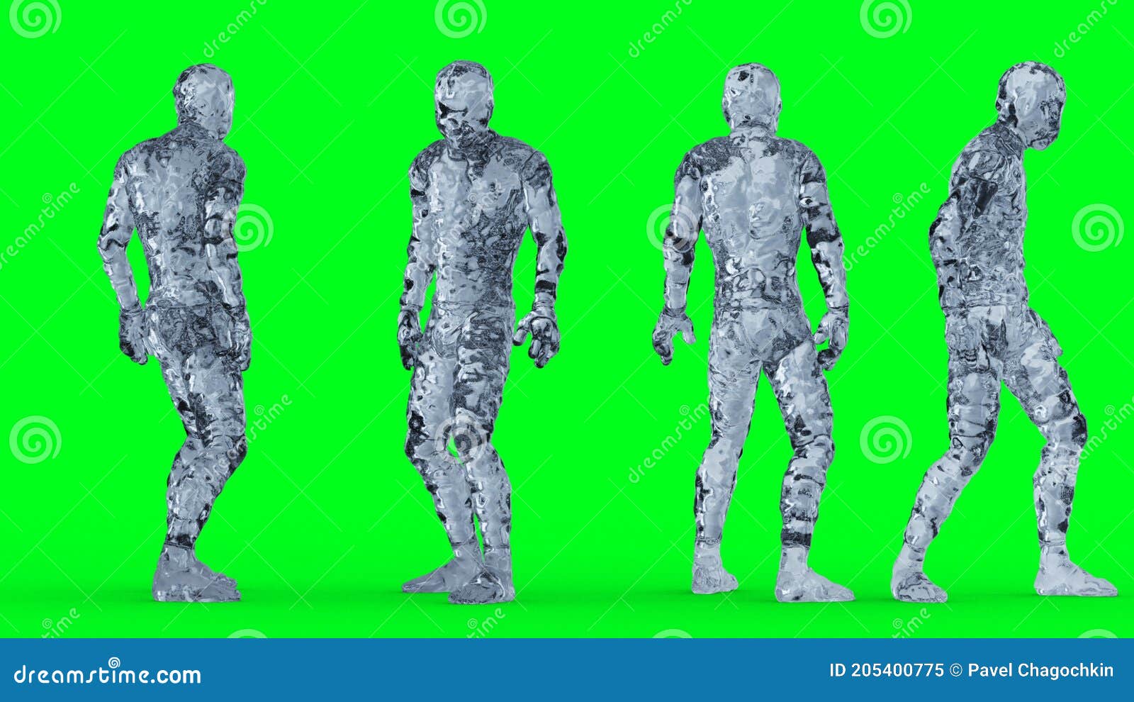 Ice, Glass Man Character Animation. Isolate on Green Screen. 3d ...