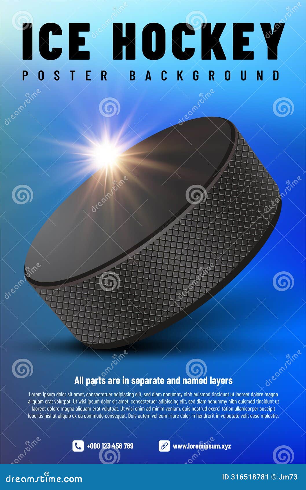 Ice Hockey Poster Template with Puck with Shiny Flash and Sample Text ...