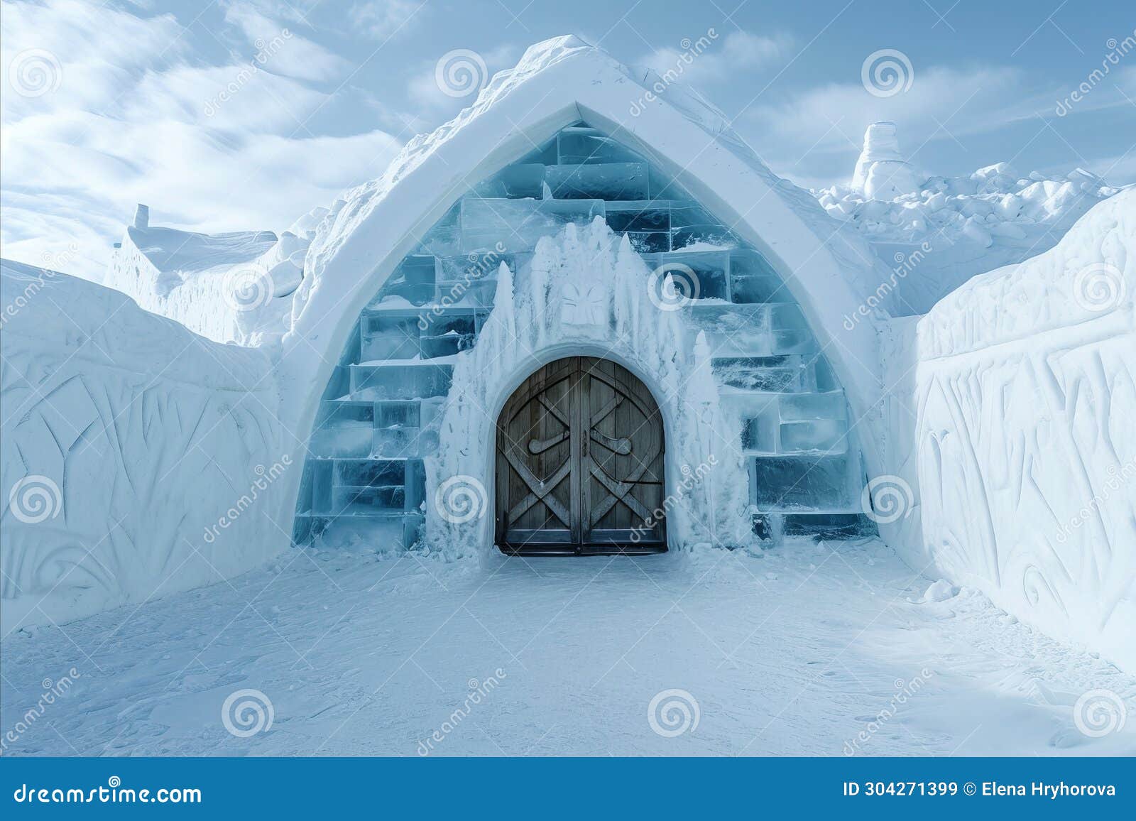 Ice Hotel Sculpted Ice Portal Leading into a Hotel with Elaborate Ice ...