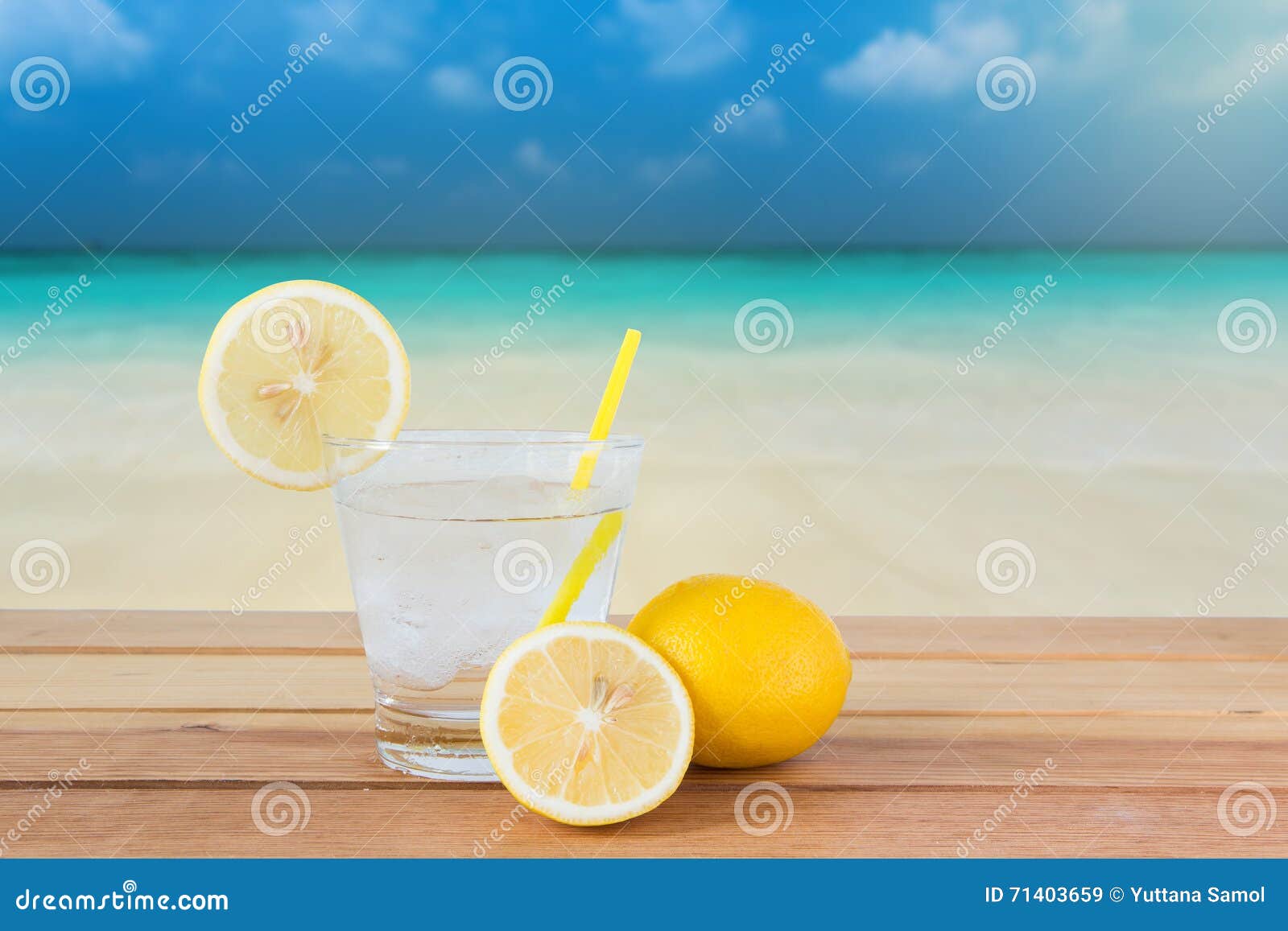 Ice Lemonade Summer Drink , Blur Ocean Beach on Background Stock Image ...