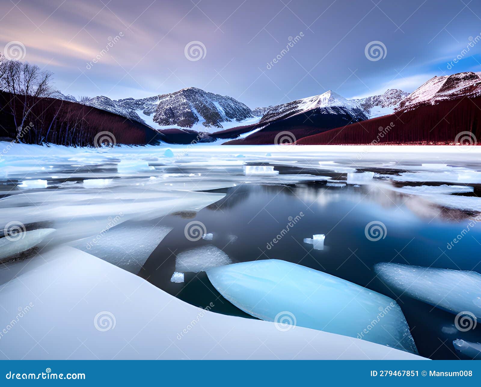 Ice Melting in a Lake and Snow-capped Mountains. Global Warming, AI ...