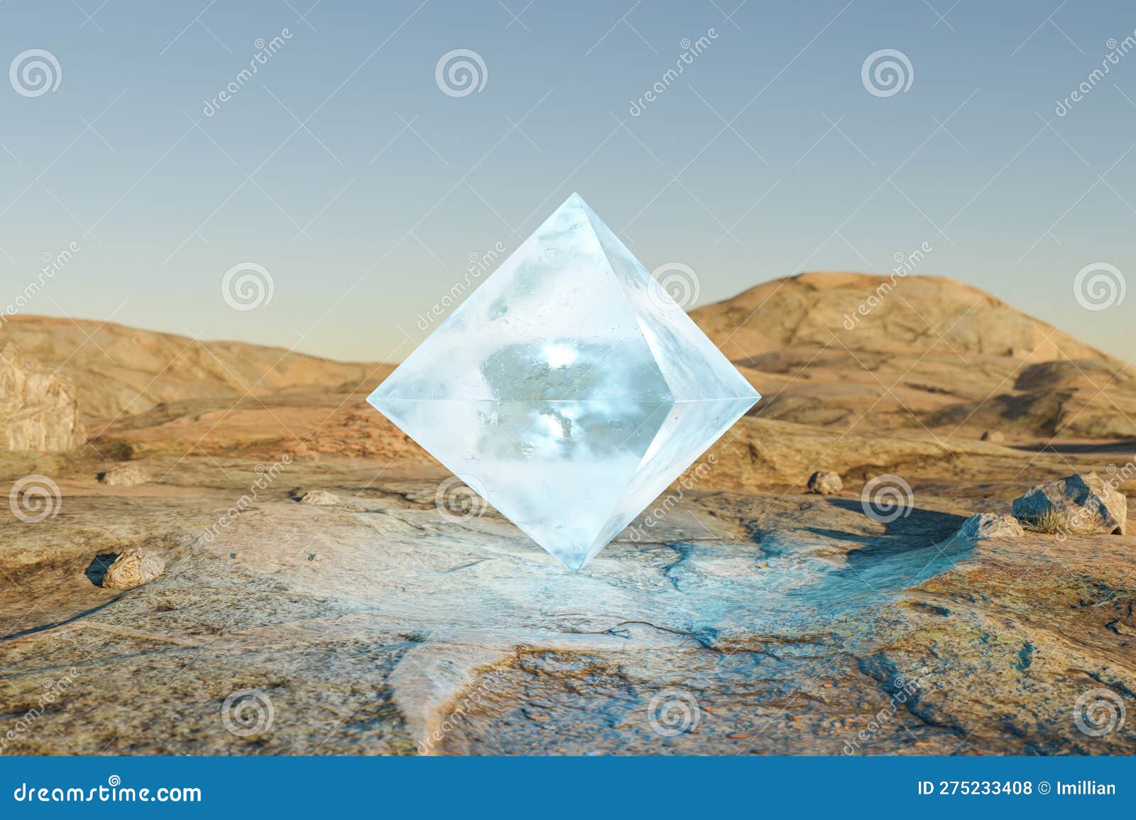 Single Ice Prism Pyramid Cube Hovering in the Air in Large Empty Desert ...