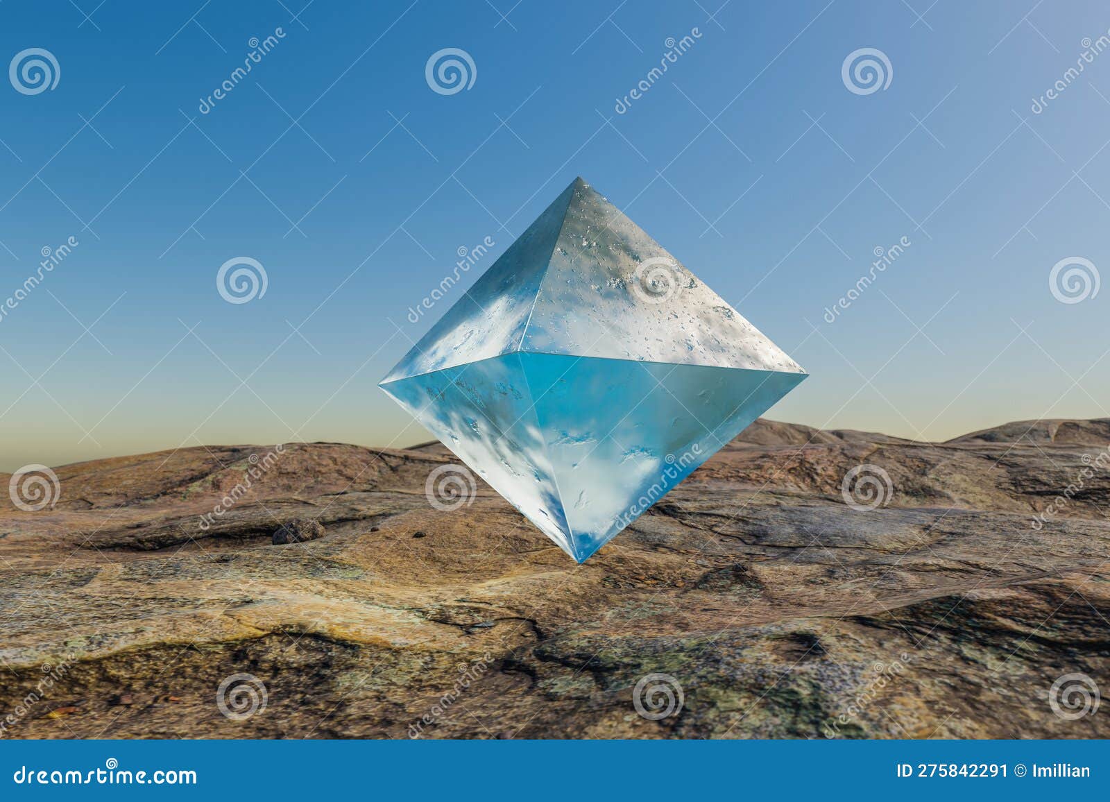 Single Ice Prism Pyramid Cube Hovering in the Air in Large Empty Desert ...