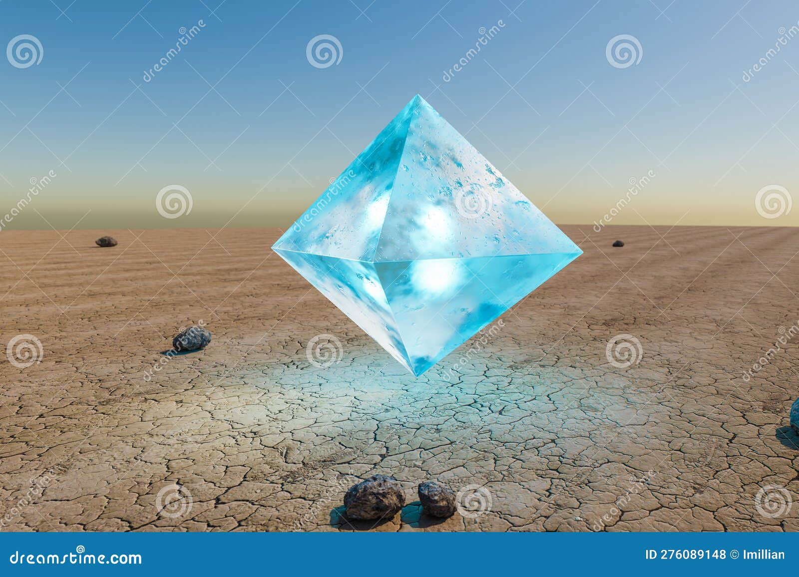 Single Ice Prism Pyramid Cube Hovering in the Air in Large Empty Desert ...