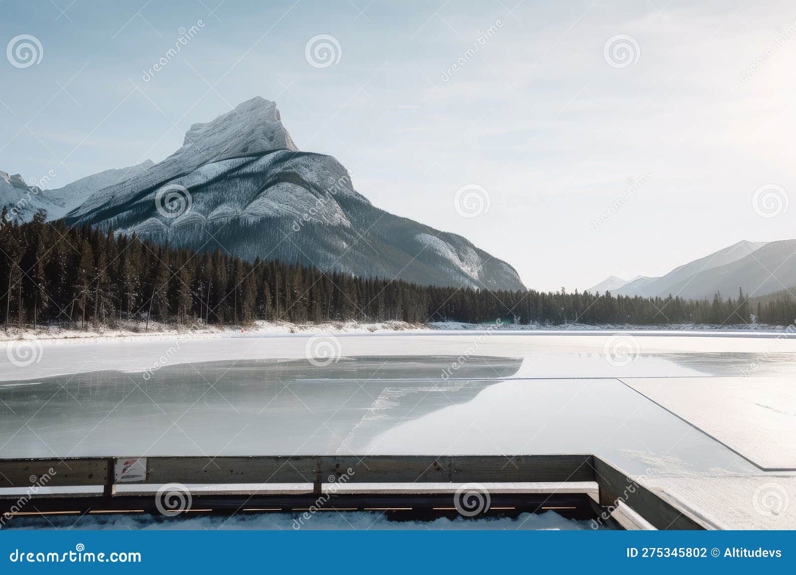 Ice Rink on Frozen River with View of Distant Mountain Range Stock ...