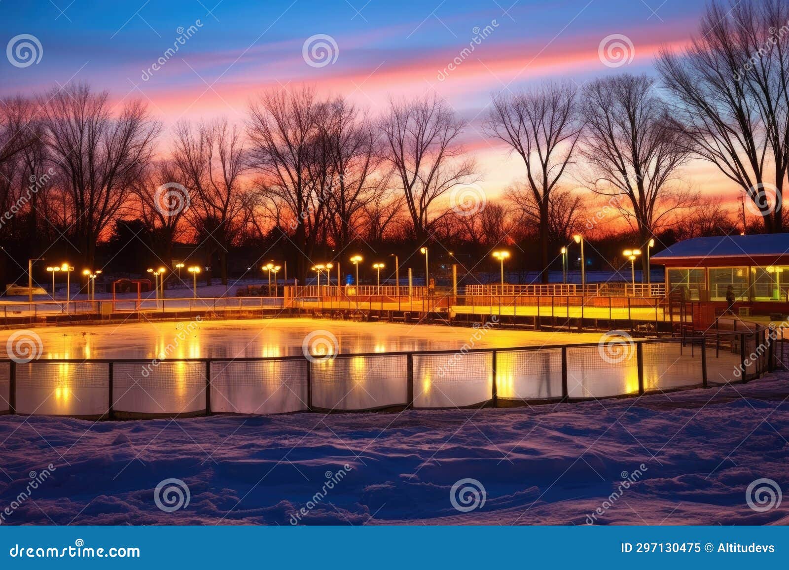 An Ice Rink with Lit Torches on the Sides at Twilight Stock Image ...