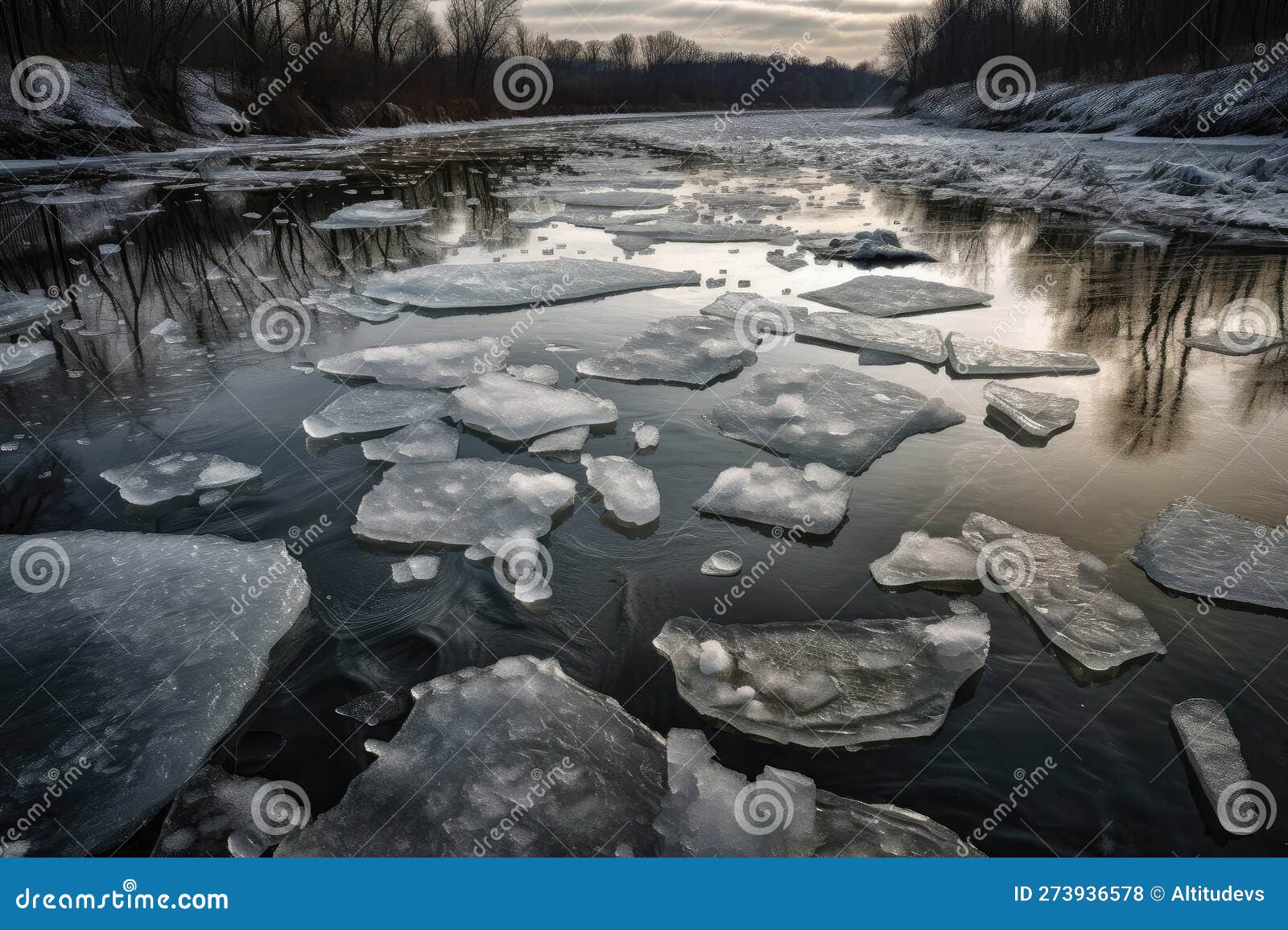 The Ice on a River Cracking and Breaking Apart from the Movement of the ...