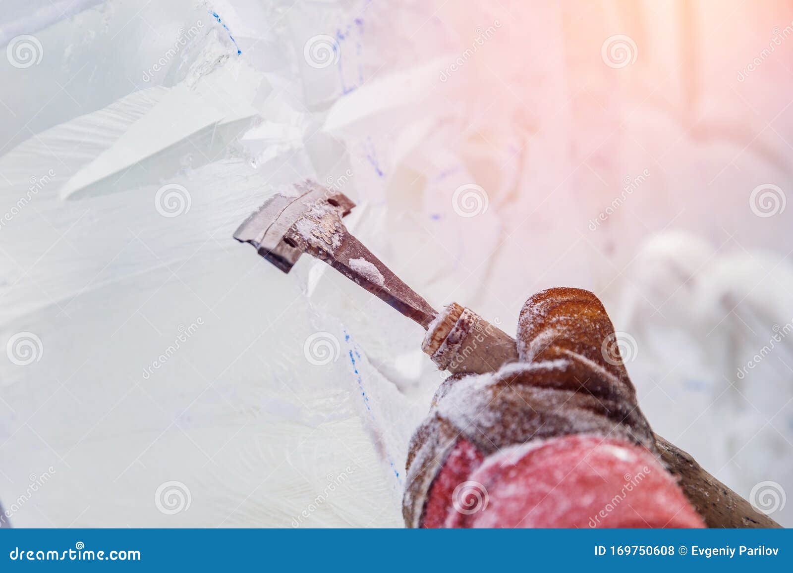 Ice Sculpture Carving Man Use Chisel Cut Frozen Winter Stock Photo ...