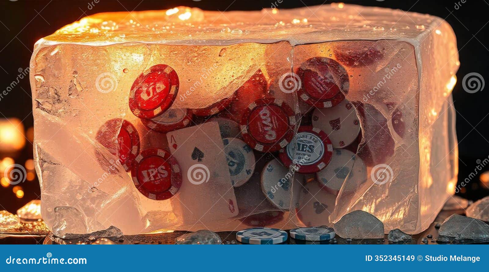 Ice Sculpture Encasing Poker Chips and Playing Cards Illuminated by ...