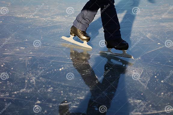 Ice Skaters Shadow on the Lake Surface during a Glide Stock ...
