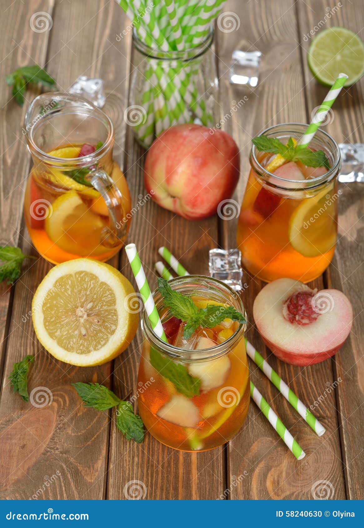 Ice Tea with Lemon, Peach and Mint Stock Photo - Image of food, edible ...