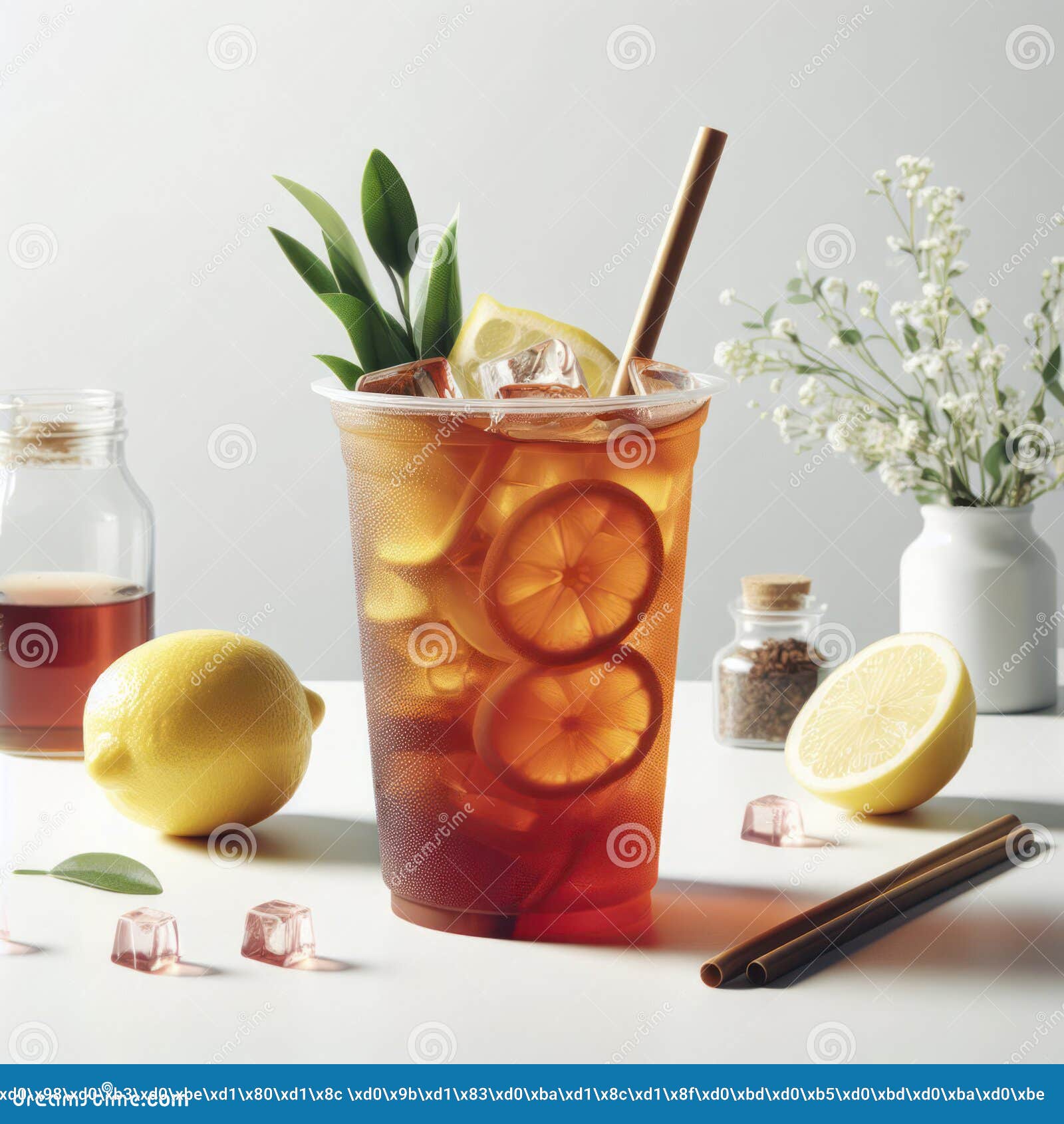Ice Tea on Plastic Cup with Lemon, Side View Isolated on Transparent ...
