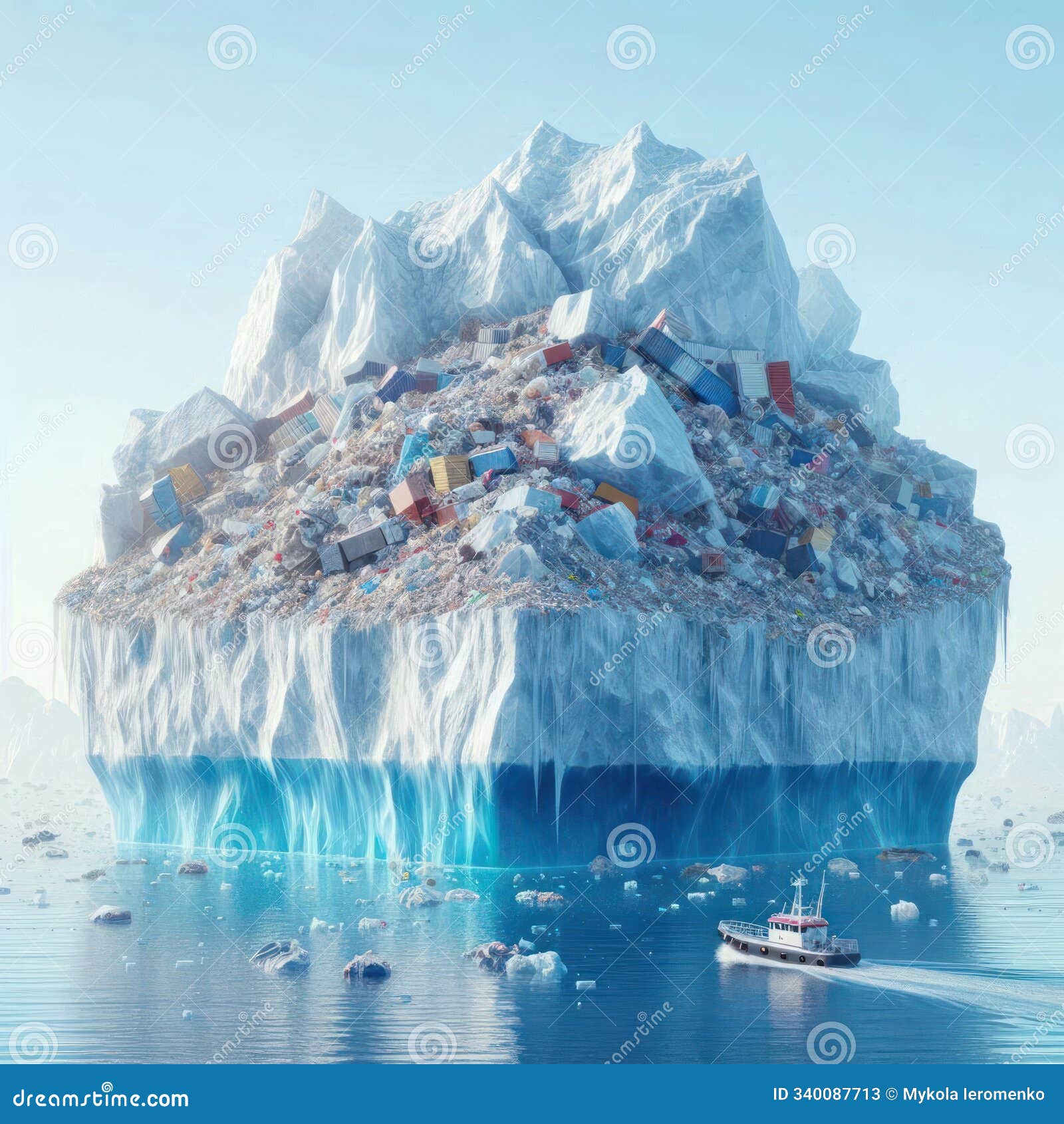 Iceberg Of Garbage Plastic Floating In Ocean With Greenland Back Stock ...